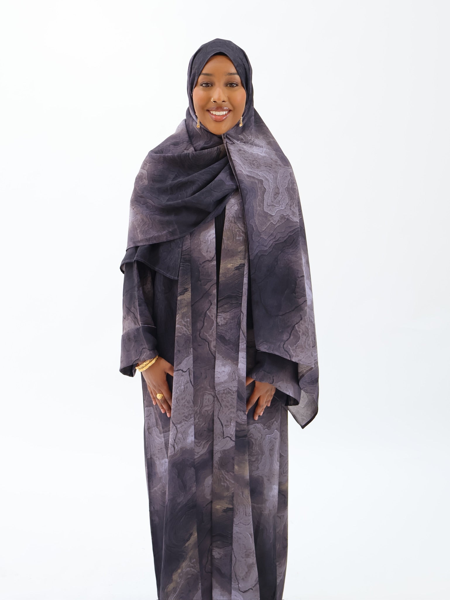 Marble Printed Abaya - Grey